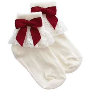Girls Ivory Lace Socks with Burgundy Satin Bows | Flower Girl | Party ...