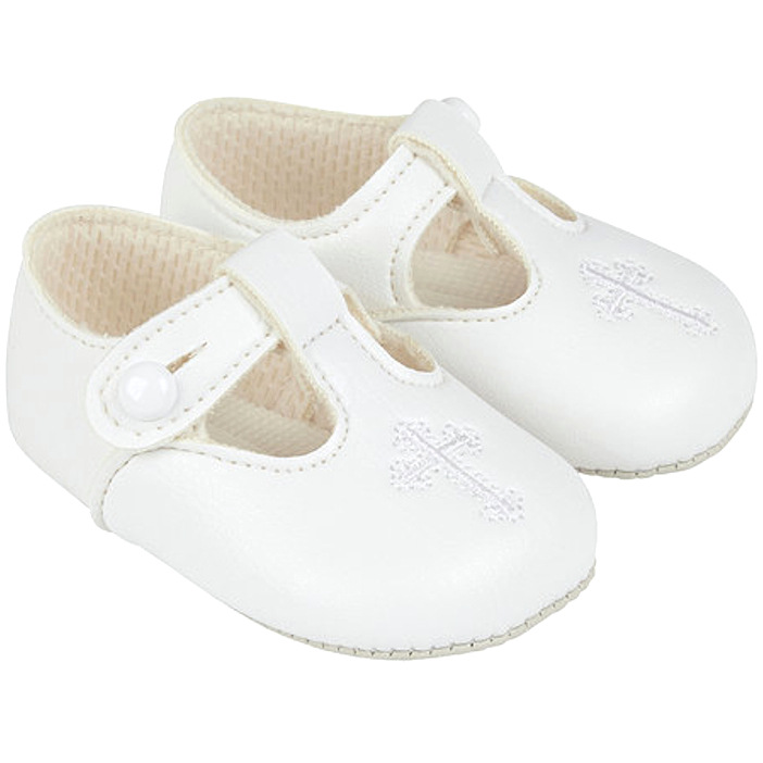 Baby White Matt T-Bar Cross Shoes | Baypods Shoes | Christening Shoes ...