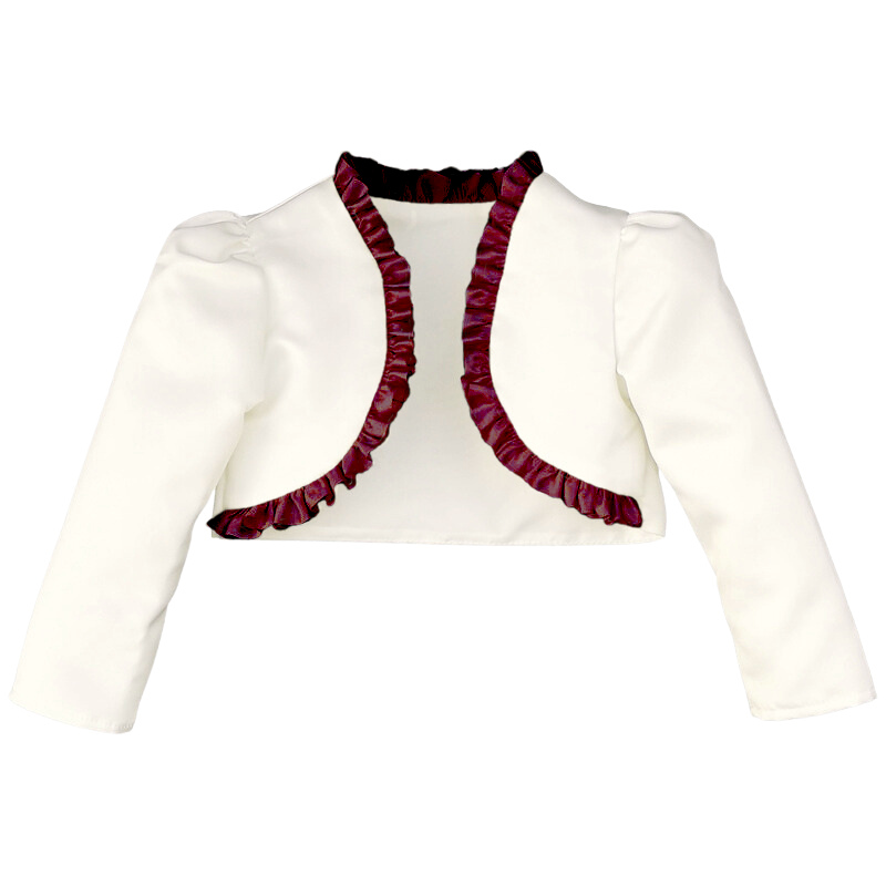 Girls Ivory & Burgundy Satin Long Sleeved Frilly Bolero ...