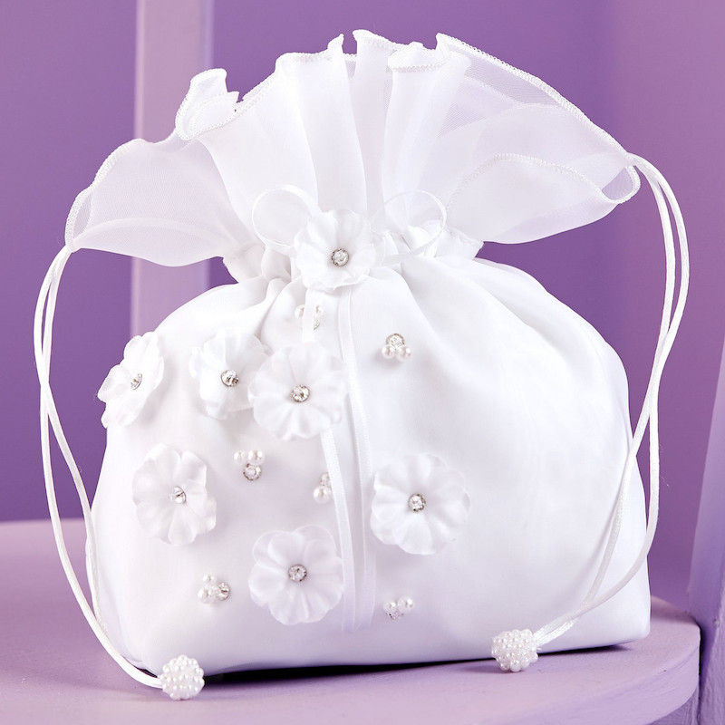 Girls White Diamante Flower Satin Dolly Bag | Rita P315 by Peridot ...