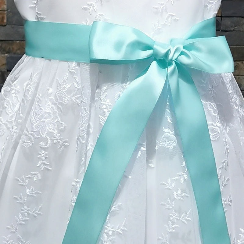 Girls Aqua Double Sided Satin Dress Sash Aqua Flower Girl Sash