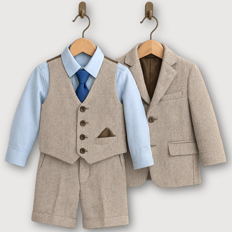 Boys Brown Tweed Herringbone 5 Piece Shorts Suit with Jacket ...