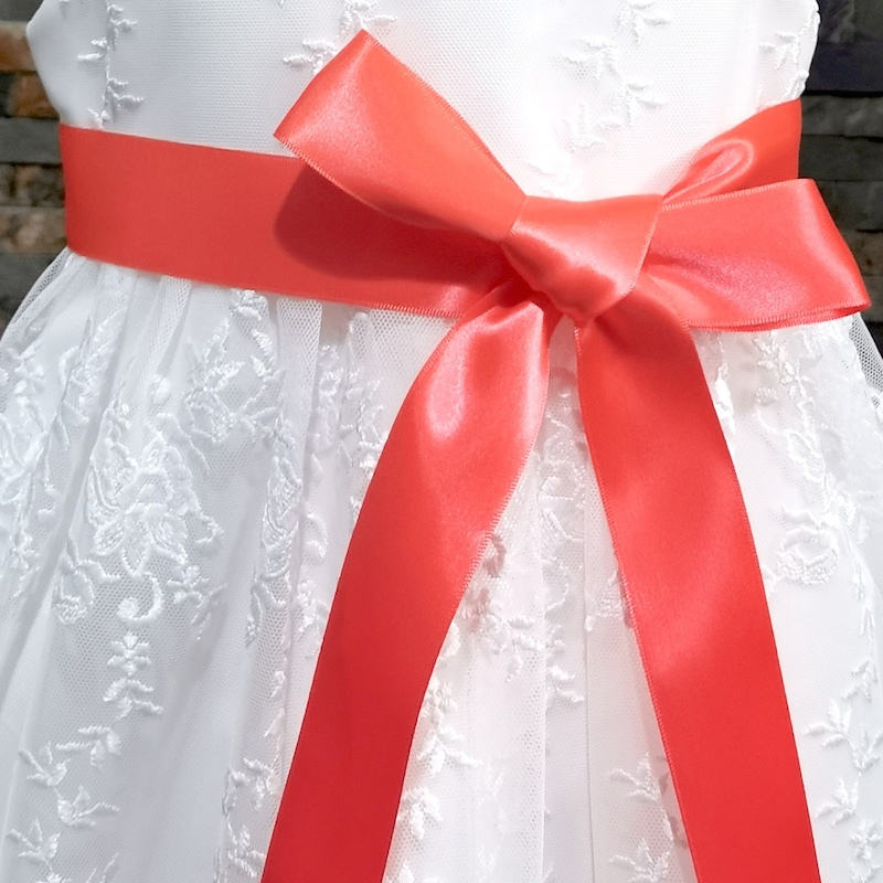 Girls Bright Coral Double Sided Satin Dress Sash | Flower Girl Sash ...