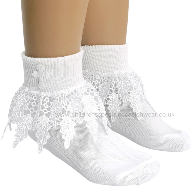 Girls White Deep Leaf Lace Cross Socks | Christening | First Holy ...