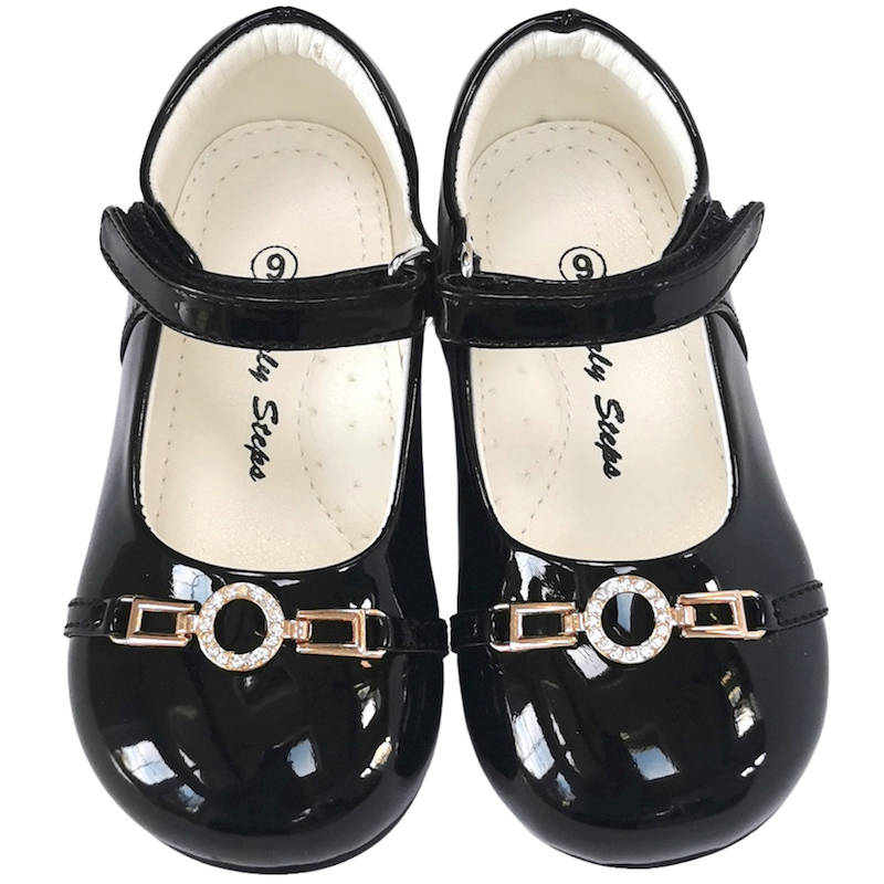 Girls Black Diamante Ring Velcro Strap Patent Shoes | Girls Formal ...