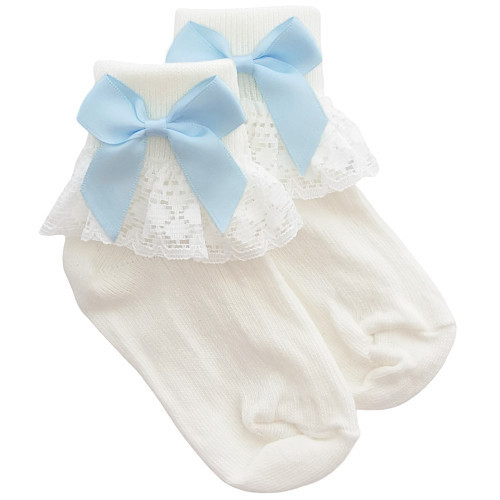 Girls Ivory Lace Socks with Sky Blue Satin Bows | Christening | Wedding ...