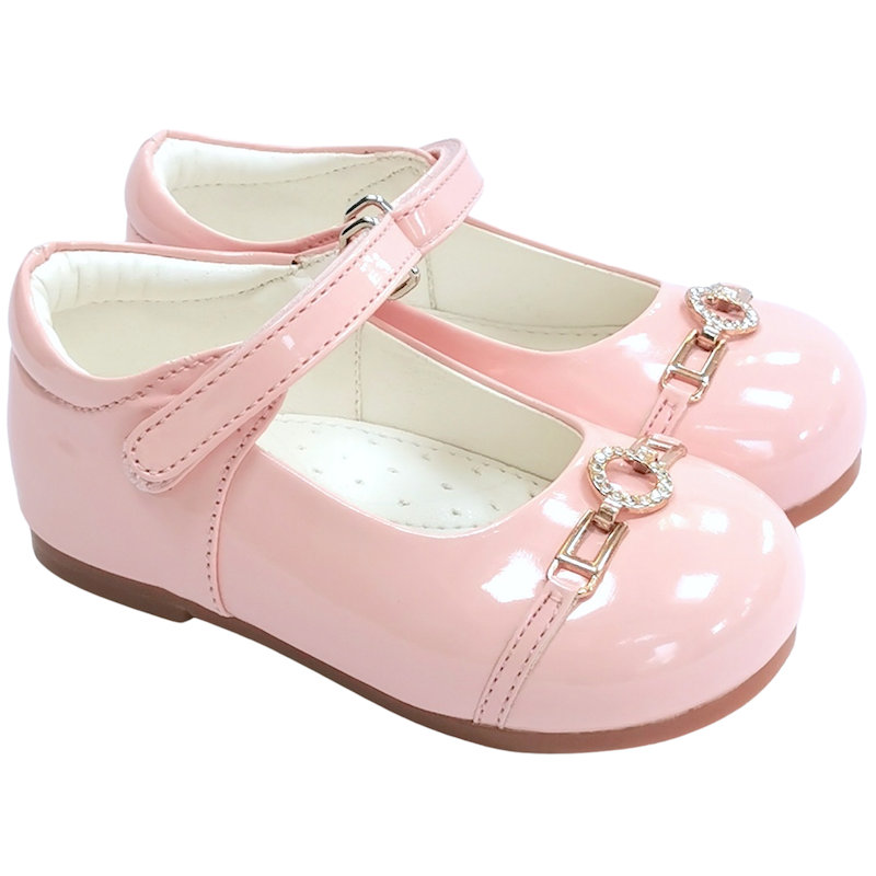 Girls Pink Diamante Ring Velcro Strap Patent Shoes | Girls Formal Shoes ...