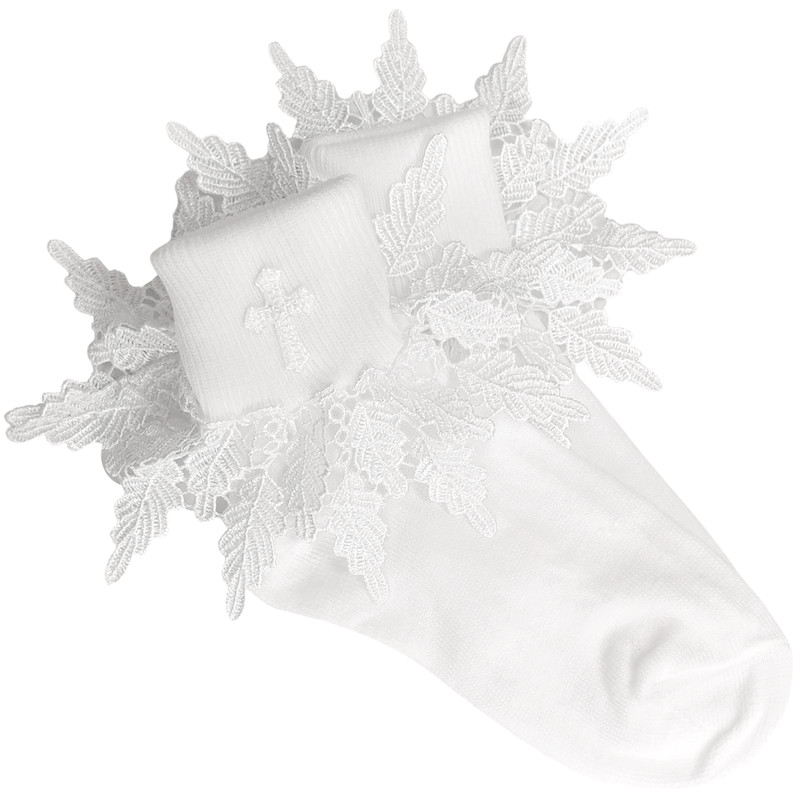 Girls White Deep Leaf Lace Cross Socks | Christening | First Holy ...