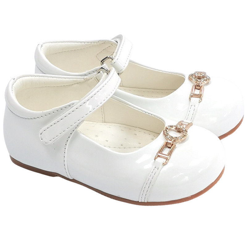 Girls White Diamante Ring Velcro Strap Patent Shoes | Girls Formal ...