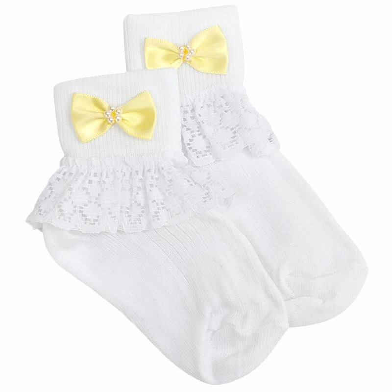 Girls White Lace Socks with Lemon Pearl Bow | Christening | Flower Girl ...